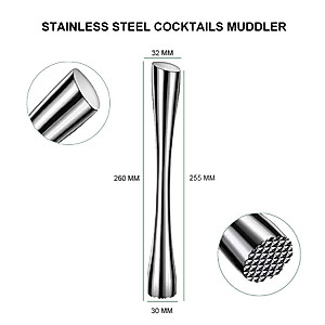 GRUB'S UP 10" Muddler for Cocktails, 255mm Stainless Steel Sturdy Muddler Bar Tool for Old Fashioned Bitters, Creating Mojitos, Margaritas, Mint & Fruit Based Drinks Cocktail