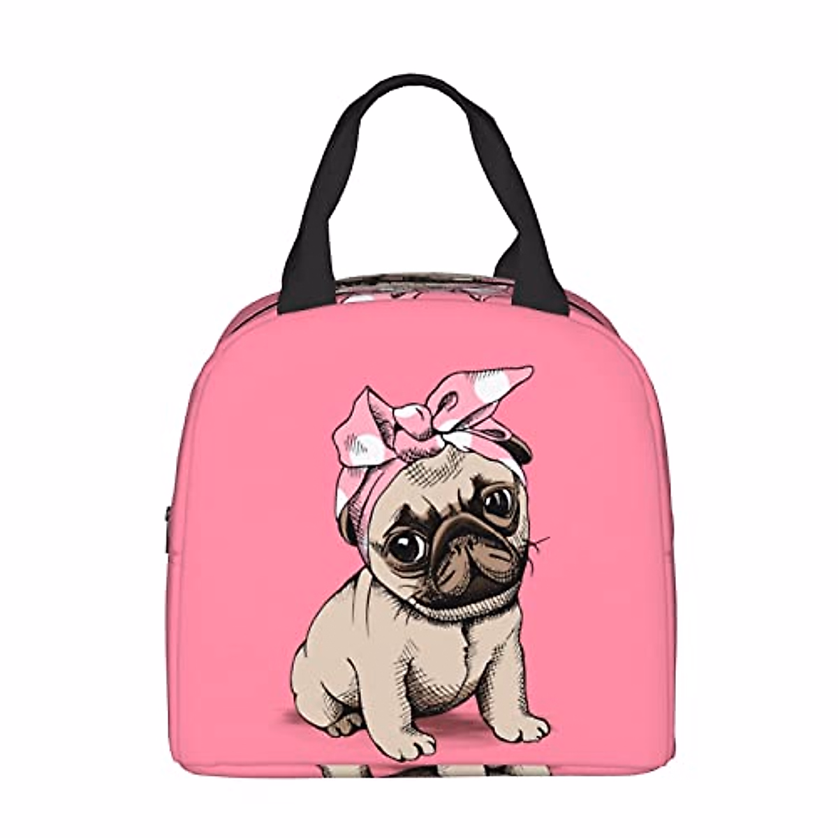 PrelerDIY Cute Pink Pug Lunch Box - Insulated Lunch Bags for Kids Boys Girls Reusable Lunch Tote Bags, Perfect for School/Camping/Hiking/Picnic/Beach/Travel