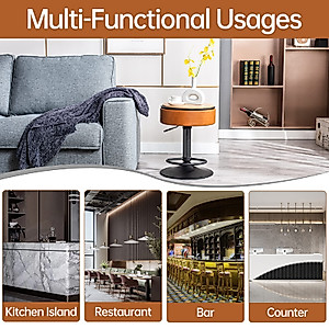 Round Storage Bar Stool Set of 2,Faux Leather Height Adjustable Barstool, 360°Counter Height Swivel Stool, Armless Bar Chair with Metal Frame for Kitchen Counter Dining Living Room Whiskey Brown