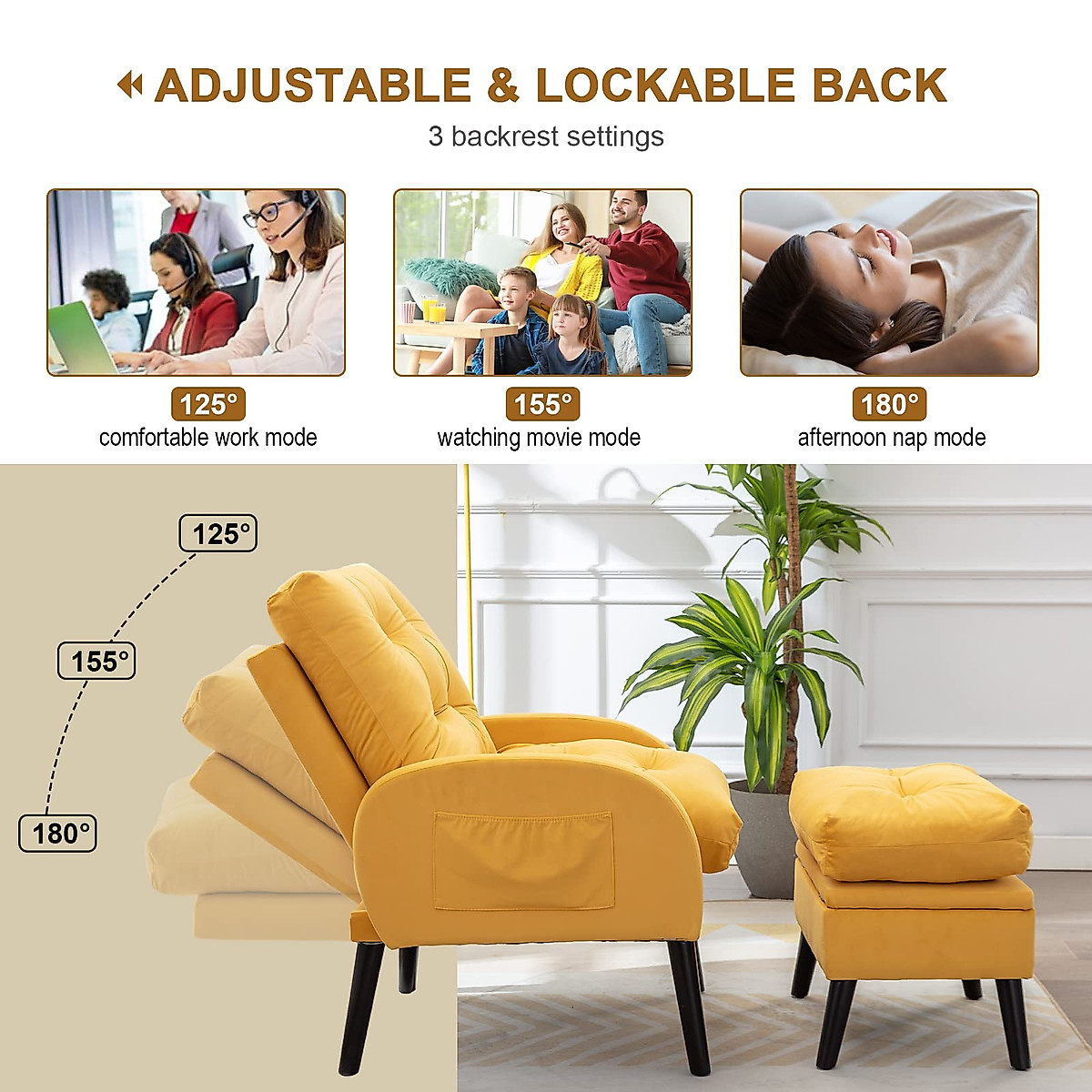 TTGIEET Accent Chair with Storage Ottoman, Living Room Chair Comfy with Adjustable Backrest & Side Pocket, Modern Velvet Armchair for Living Room, Bedroom, Office (Yellow)