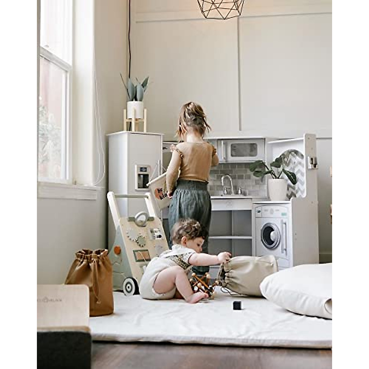 KidKraft Ultimate Corner Wooden Play Kitchen with Lights & Sounds, Play Phone and Curtains, White