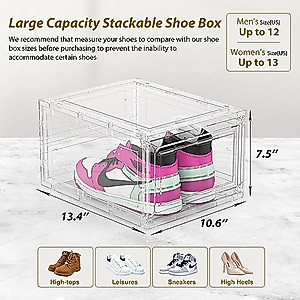 Mitees 10 Pack XX Large Thicken Sturdy Hard Plastic Clear Stackable Shoe Storage Boxes for Size 12, Sneaker Shoe Rack Containers Holders Bins Display Case Organizer for Closet, Red Clear