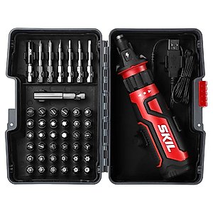 SKIL Rechargeable 4V Cordless Screwdriver with Circuit Sensor Technology Includes 45pcs Bit Set, USB Charging Cable, Carrying Case - SD561204