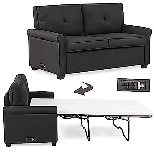 JUBILOOM Pull Out Sofa Couch, Folding Futon Sleeper Bed with 2 USB Ports, Convertible Twin Loveseat Furniture for Compact Small Space, Dorm, Living Room Apartment, Office (Black)