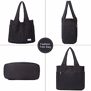 KYALOU Utility Large Tote Bag, Top Zipper Closure, Women Casual Shoulder Bags with 8 Pockets for Work School Travel Shopping Grocery Gym Pool Beach (Black)