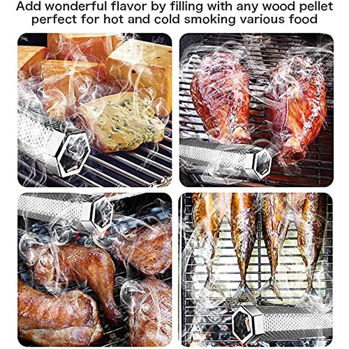 Pellet Smoker Tube, 12'' Stainless Steel Wood Pellet Smoke Tube for Cold/Hot Smoking, Portable Barbecue BBQ Smoke Generator Works with Electric Gas Charcoal Grill Smokers (Hexagon Tube+2Hooks)