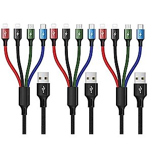 MINLU Multi Charging Cable 4A 3Pack 4FT Multi Fast Charging Cord 4 in 1 Multi Charger Cable Multi Cable with IP/Type C/Micro USB Port Adapter for Cell Phones/Tablets/Samsung Galaxy/LG/Huawei & More