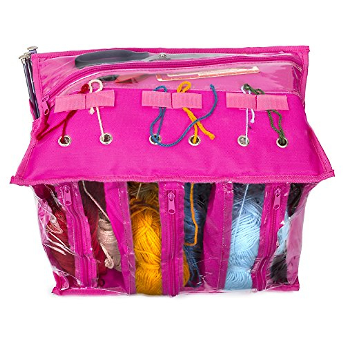 Knitting Organizer by Besti: Portable Knitting Yarn Storage Bag with Multiple Pockets, Individual Compartments, Carrying Shoulder Strap - Clear Plastic Tote Bag for Needles, Crochets & Threads (Pink)