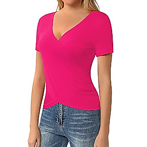 HERLOLLYCHIPS Womens Tops Short Sleeve Wrap Deep V Neck Backless Ruched Hem Cross Fitted Sexy Casual Summer Tees T-Shirts (Hot Pink, X-Large)
