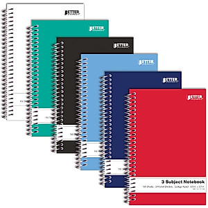 Better Office Products 3 Subject Spiral Notebooks, 9.5 x 5.5 inch, 6 Pack, 150 Sheet Notebook with 2 Double-Sided Pocket Dividers, Assorted Solid Color Covers (College Ruled)