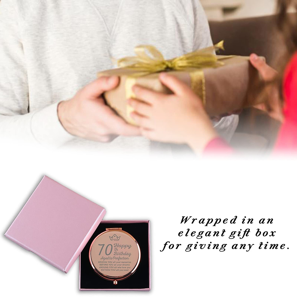 70th Birthday Ideas Rose Gold Compact Cute for Purse Travel Folding Hand Mirror for Grandma Wife Teacher Best Friend BFF 70 Birthday Gifts Women