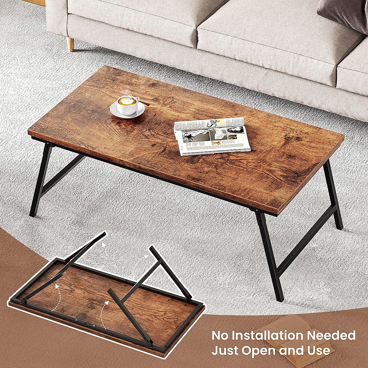 ALLSTAND Folding Coffee Table, Leg Latches Portable Sturdy Floor Table Desk for Sitting on The Floor, No Assembly Low Coffee Table for Living Room, Home, Office, Rustic Brown, 41.34L×21.65W×15.75H