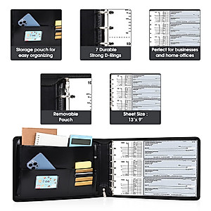 Business Check 7 Ring Checkbook Binder, PU Leather Portfolio, Built in Storage Organizer [Black]