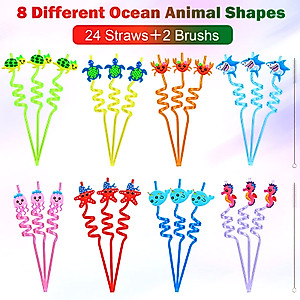 24 Under The Sea Party Favors Crazy Straws for Kids, Silly Fun Reusable Straws, Twisty Curly Kids Plastic Drinking Straws with 2 Brushes, Sea Animal Ocean Theme Birthday Party Supplies Goodie Gifts
