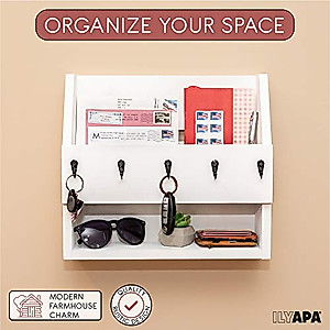 Ilyapa Key and Mail Holder for Wall - Mail Organizer Wall Mount with Shelf - Rustic White Wooden Decorative Wall Key Holder with 5 Metal Hooks | American Family-Owned Business