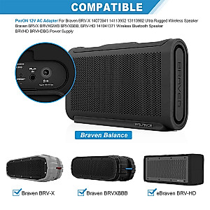 PwrON 12V AC Adapter Fits for Braven BRV-X 14073941 14113952 13113902 Ultra Rugged Wireless Speaker Braven BRVX BRVXGWB BRVXBBB; BRV-HD 141041371 Wireless Bluetooth Speaker BRVHD BRVHDBG Power Supply