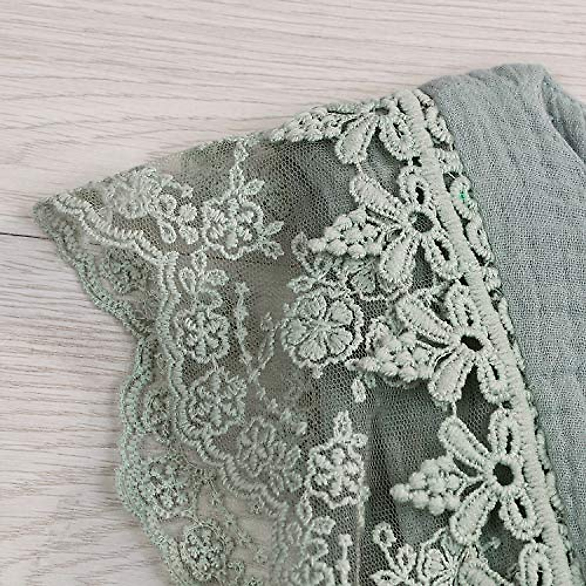 KCSLLCA Baby Girls Lace Romper Set Ruffle Sleeve Solid Color Onesie with Headband (Pea Green, 6-9 Months)