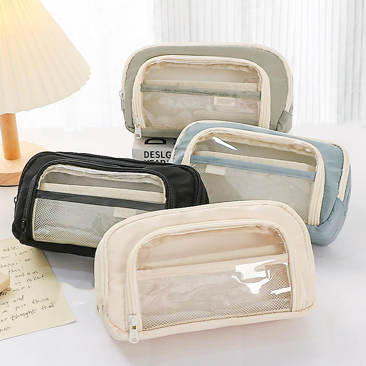 YESBAY Clear Window Pen Bag Pencil Case Pouch Pen Case Organizer Large Capacity Multi-Pocket Portable Zipper Unisex Pencil Stationery Pouch Case for Pen, Pencil, Cosmetic, Gadget, Stationary Beige