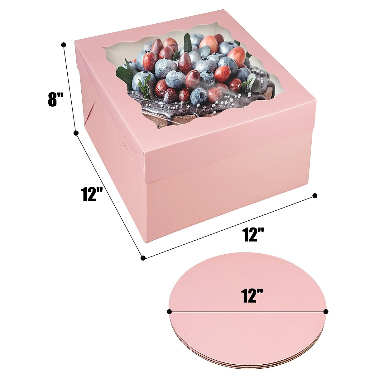 Bakepacker 36pcs 12x12x8 Inches Cake Boxes with Window 18-Packs Pink Cake Boxes 12 Inch Bakery Boxes (18 Cake Boxes +18 Cake Boards Included)