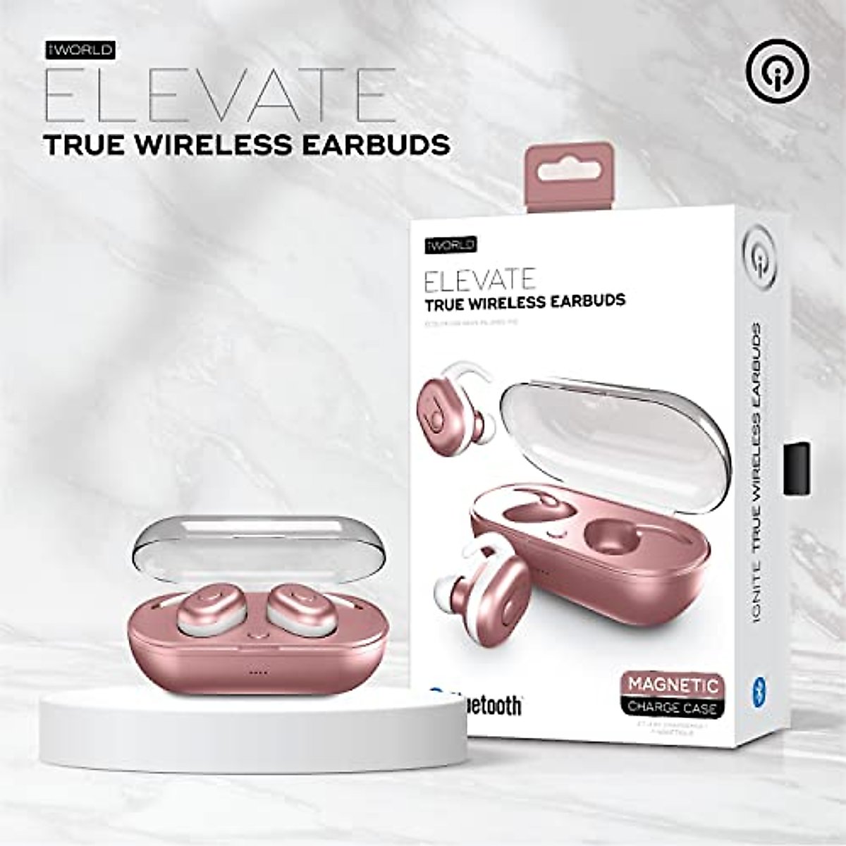 iWorld Elevate True Wireless Earbuds with Charging Case, Bluetooth in-Ear Headphones with Built-in Microphone and Touch Control, Universally Compatible Headset for Android, iPhone and PC (Rose Gold)