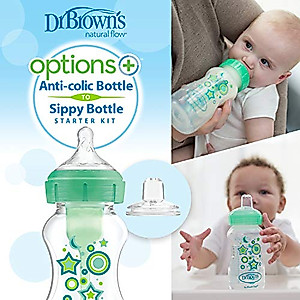 Dr. Brown’s Natural Flow® Anti-Colic Options+™ Wide-Neck Sippy Bottle Starter Kit, 9oz/270mL, with Level 3 Medium-Fast Flow Nipple and 100% Silicone Soft Sippy Spout, 2 Pack, Green, 6m+