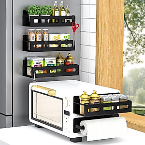 Mamajardin 5 Pack Magnetic Spice Rack for Refrigerator with Paper Towel Holde, Metal Spice Rack Organizers with 4 Moveable Hooks, Black Magnetic Shelf for Fridge Storage, Perfect Gifts