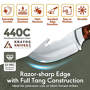Hunting Knife with Gut Hook, 7.68" Gut Hook Hunting Knife with 440C Stainless Steel Outdoor Gut Hook Knives, Leather Sheath Included by Kratos - ZFS3