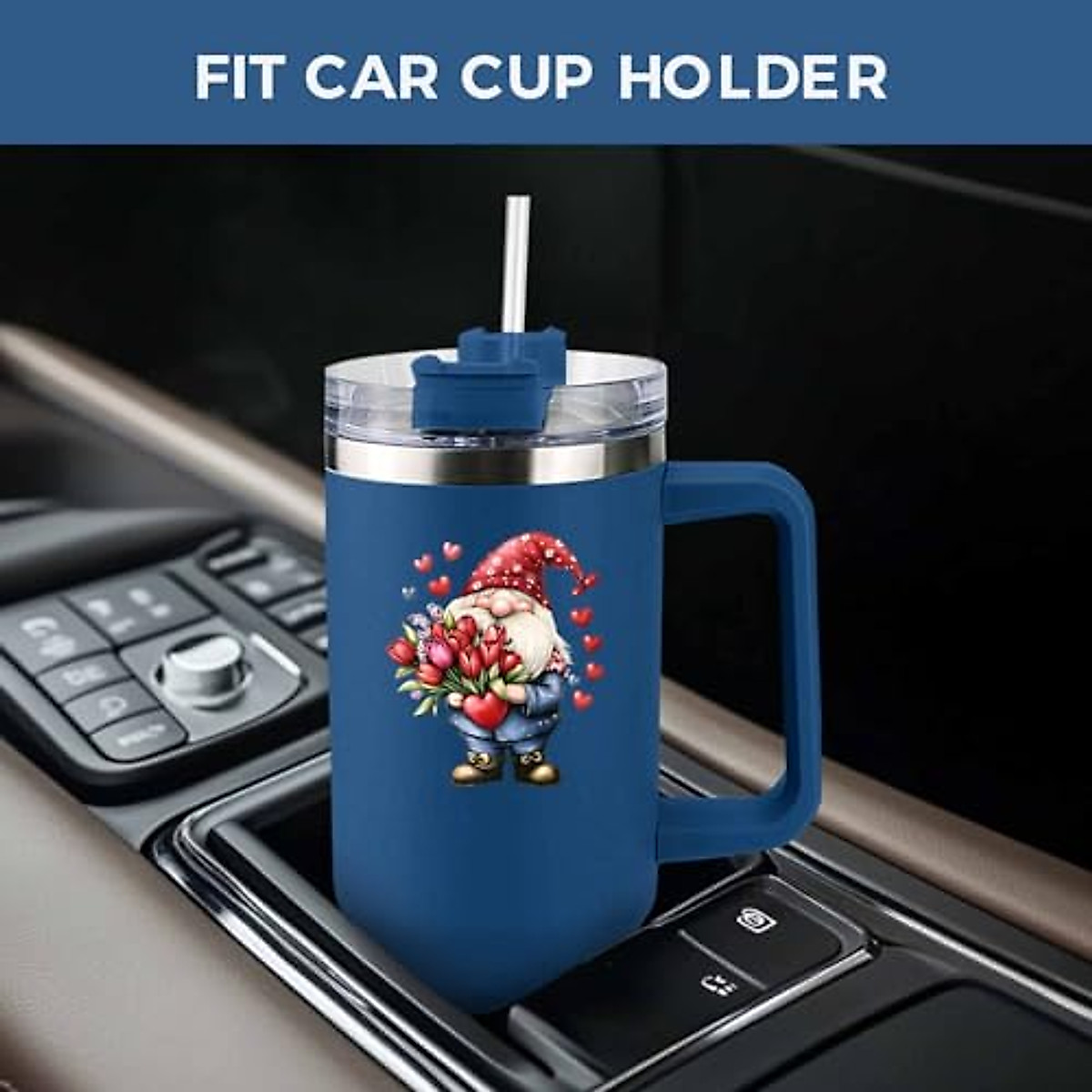 LB LEOBON 40 ounce insulated cup with handle, double-layer vacuum stainless steel material, equipped with straw, can keep warm or maintain cold drinks Gnome Love Bouquet J Cowboy Blue