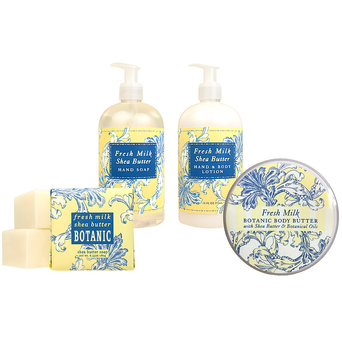 Greenwich Bay Fresh Milk Body Care Spa Quartet - Hand Soap, Lotion, Body Butter, and Soap Bar Square - Luxurious Shea Butter Body Care in Captivating Botanical Scents