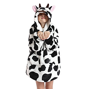 Wearable Blanket Hoodie for Kids 4-12YR Oversized Animal Hooded Blanket Super Soft Comfortable Warm Flannel Cow