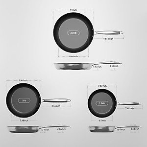 COOKNANO Stainless Steel Nonstick Frying Pan Set, 3 Piece cookware set, Tri-Ply Skillet, 8 inch, 9.5 inch, 11inch Cooking pan, Oven Dishwasher Induction Gas Safe, Silver, Suitable for All Stove