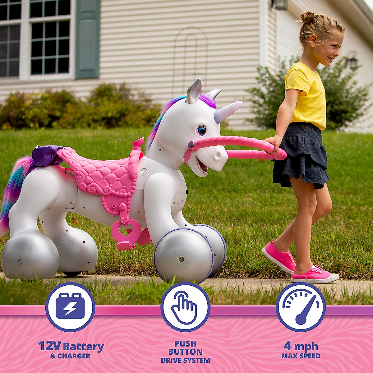 Kid Trax Toddler/Kids Rideamal Unicorn 12 Volt Ride On Toy, Max Rider Weight of 70lbs, Interactive, Responds with Movement, Lights, and Sound, Accessories Included , White