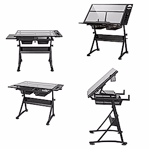 EESHHA Drawing Table Drafting Table with Storage, Height Adjustable Tiltable Art Desk, Glass Panel Drawing Desk, for Work Study Painting Craft Table