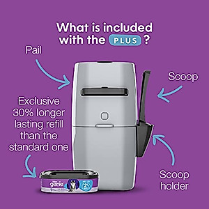 Litter Genie Plus Pail (Silver) | Cat Litter Box Waste Disposal System for Odor Control | Includes 1 Square Refill Bag
