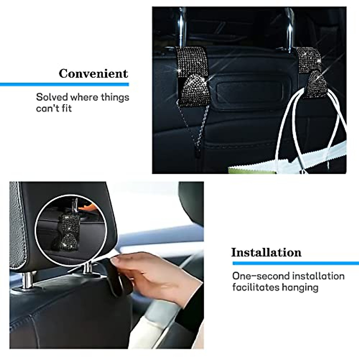 Yonput 2 PCS Bling Car Seat Headrest Hook, Crystal Back Seat Hanger Storage Organizer Rhinestone Car Headrest Hangers for Purse, Bag, Handbag, Grocery (Black)