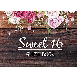 Sweet 16 Guest Book: Rustic Pink Floral Wood Cover Theme