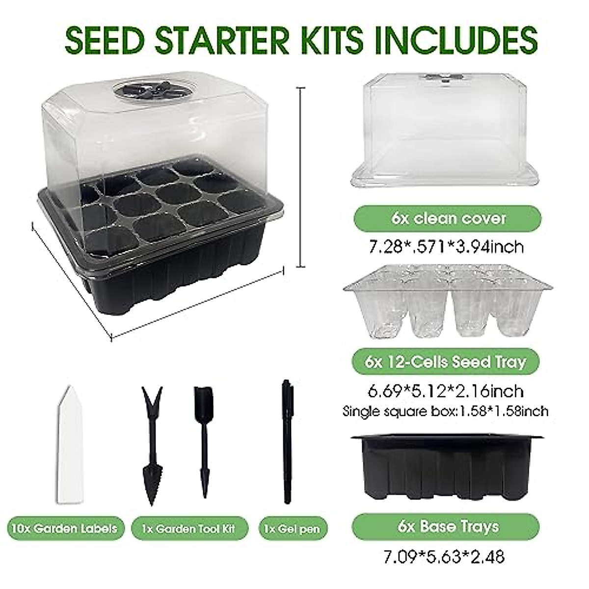 Lawntial 6-Pack Seed Starter Tray with Adjustable Humidity Dome and Base Plant Seed Starter Kit, Indoor Greenhouse, Mini Greenhouse, Seedling Starter Trays for Seeds Growing Starting
