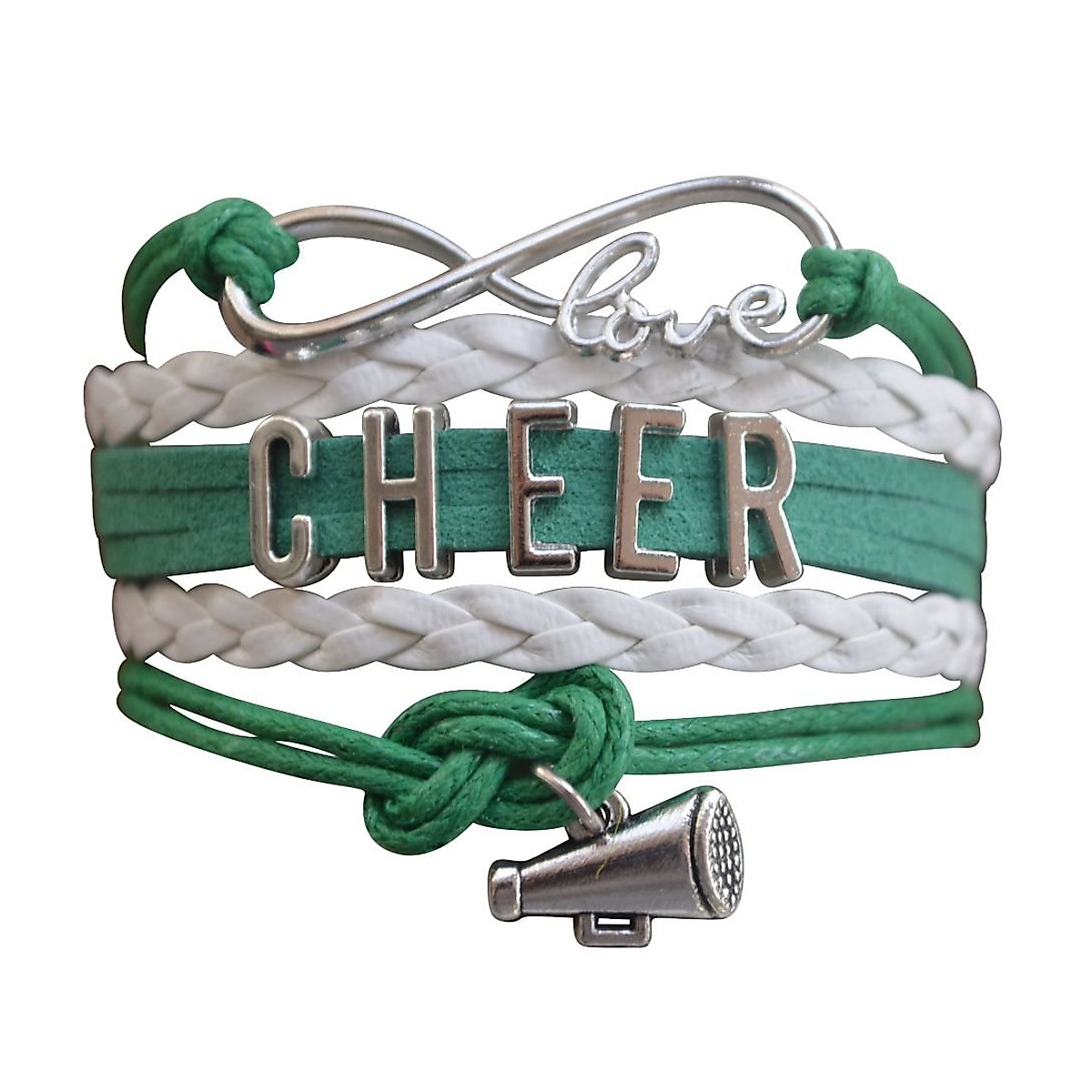Cheer Charm Bracelet- Green Infinity Love Adjustable Cheerleading Jewelry in Team Colors for Cheerleader