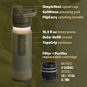 GRAYL UltraPress 16.9 oz Water Purifier & Filter Bottle for Hiking, Backpacking, Survival, Travel (Olive Drab)