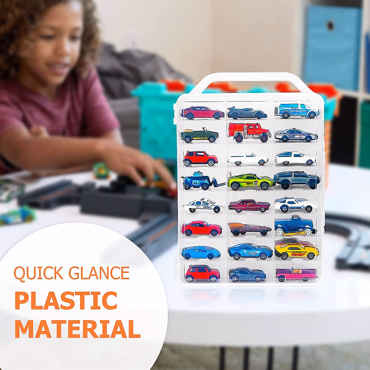 KISLANE Double Sided Storage Case for 46 Toy Cars, Matchbox Cars, Portable Transparent Storage Case with 46 Compartments, Case Only (Transparent)…