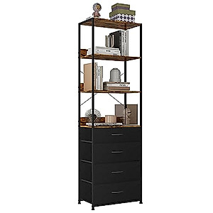 VASICAR 4-Tier Tall Bookshelf with 4 Drawers, Multifunctional Open Bookcase, Storage Shelf Dresser for Living Room, Office, Bedroom, Kitchen, Free Drawer Divider (Black)