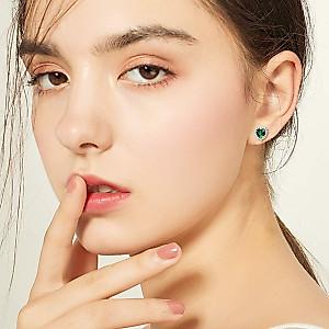 POPKIMI Emerald Earrings for Women Girls Sterling Silver Green Earrings Heart Shape Stud Earrings May Birthstone Earrings Jewelry Christmas Birthday Gift (May)