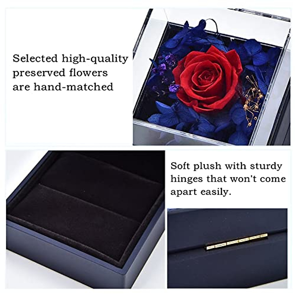 YAGELI Preserved Flower Ring Box for Wedding Ceremony - Acrylic Square Jewelry Box Double Ring Display Case Holder for Valentine's Day, Mother's Day, Gift for Her