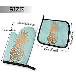 MSGUIDE Gold Pineapple Mint Green Oven Mitts and Pot Holders, 356℉ Heat Resistant Oven Gloves Soft Cotton Lining Gloves for Kitchen, Cooking, Baking, Grilling, BBQ