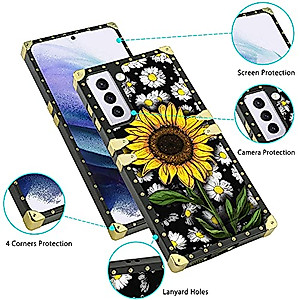 KANGHAR Designed for Samsung Galaxy S21 5G Case Sunflower with Tempered Glass Screen Protector Lanyard Strap Ring Holder Kickstand for Women Girls Flower Daisy Square with Finger Grip Stand 6.2"