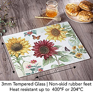 CounterArt Sunflower Splendor 3mm Heat Tolerant Tempered Glass Cutting Board 15” x 12” Manufactured in the USA Dishwasher Safe