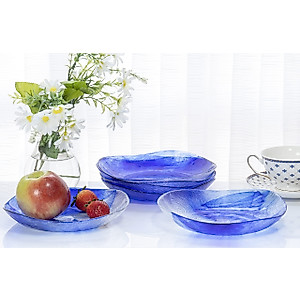 Red Co. Set of 6 Round 10 Oz Blue Etched Wavy Glass Deep Soup Serving Bowls, Medium