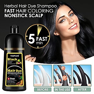 TSSPLUS Black Hair Dye Shampoo, 500ml - Organic Natural Hair Color Dye Shampoo for Women & Men, Instant Gray White Hair Cover, Plant Essence, Semi-Permanent