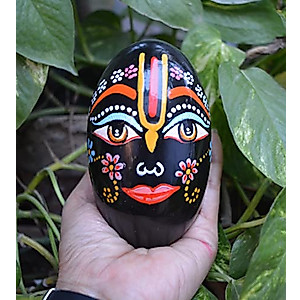 Laddu Gopal Shaligram Stone with Beautiful Design Painted on it Black~I-5574
