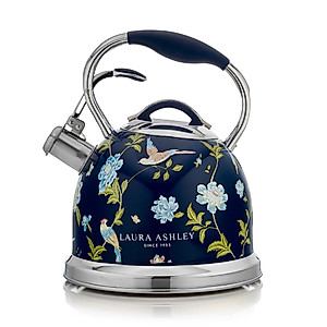 VQ Laura Ashley Elveden Navy 3L Stainless Steel Tea Kettle Stovetop Whistling Teapot for Induction, Gas Hob or others. Silicon Coated Cool Handle & Push Button Mechanism Vintage Stove Top Kettle